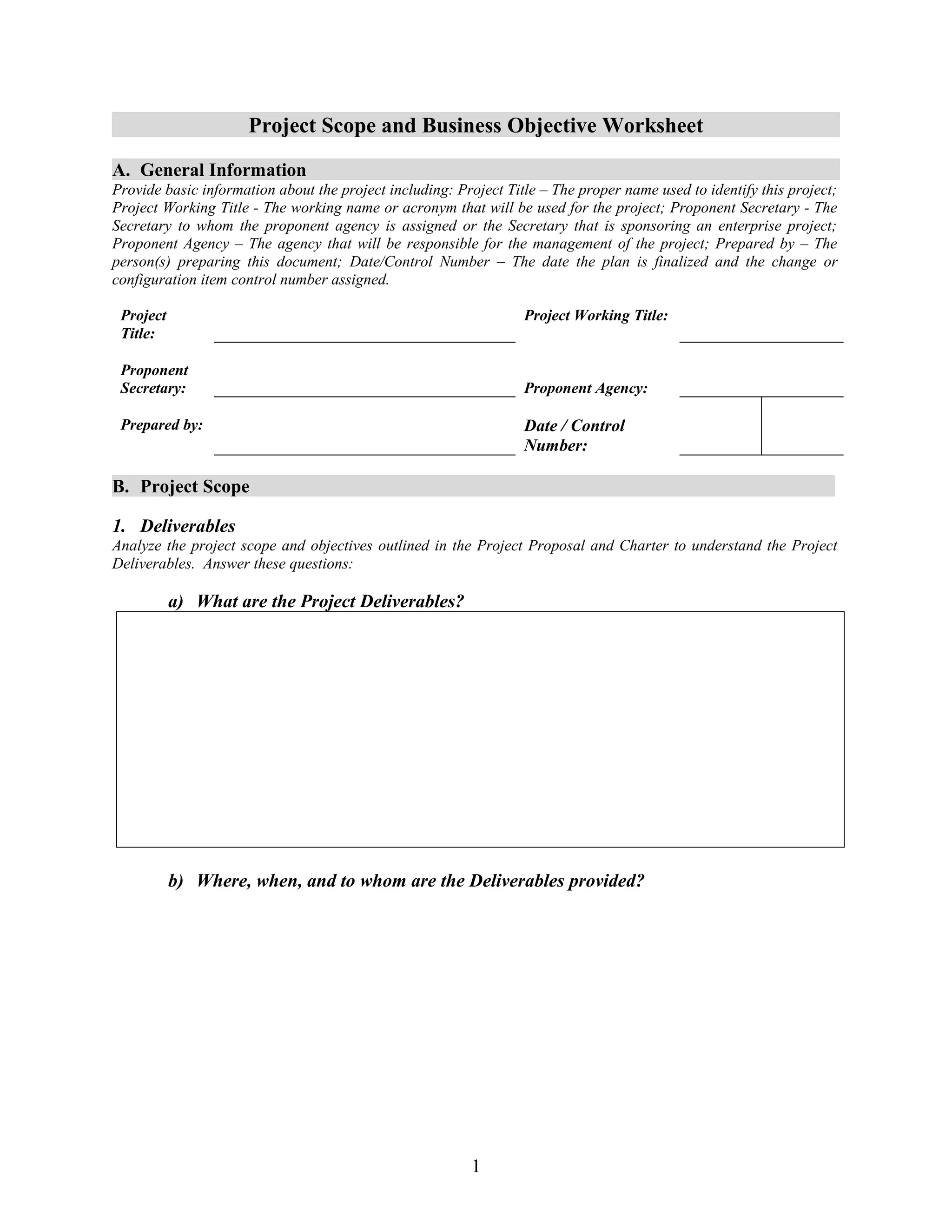 Project scope and business objective worksheet 1.2 | PDF