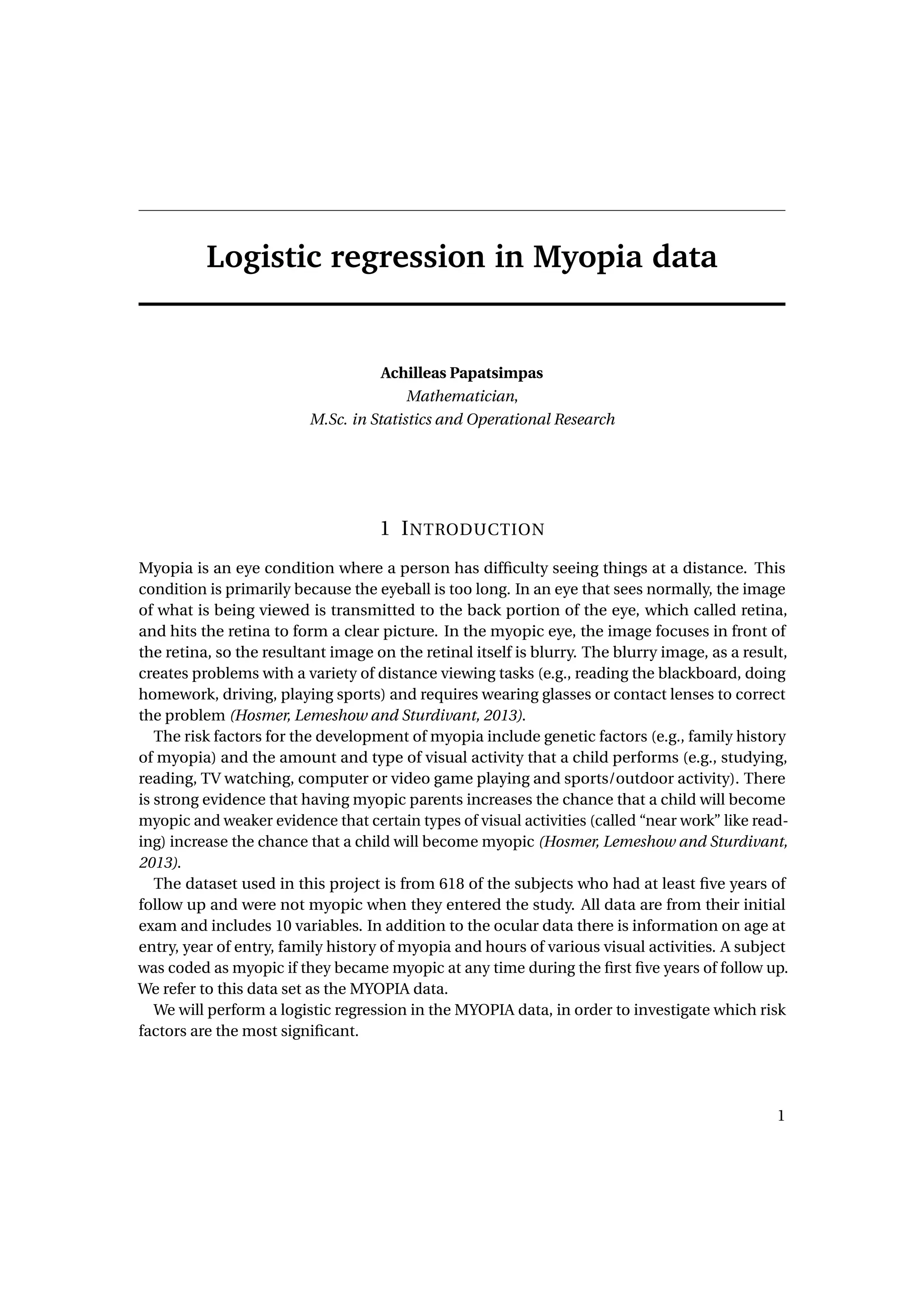 Logistic regression in Myopia data | PDF