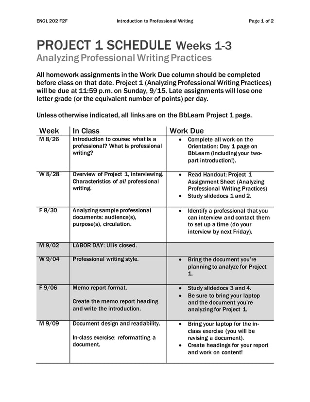ENGL 202 F2F Project 1 Schedule | PDF