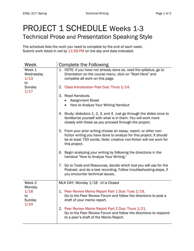 Project1 schedule engl317_spring | PDF