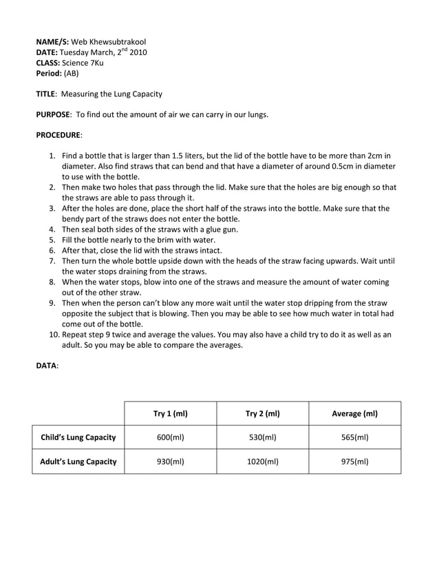 Lung Capacity Lab | PDF