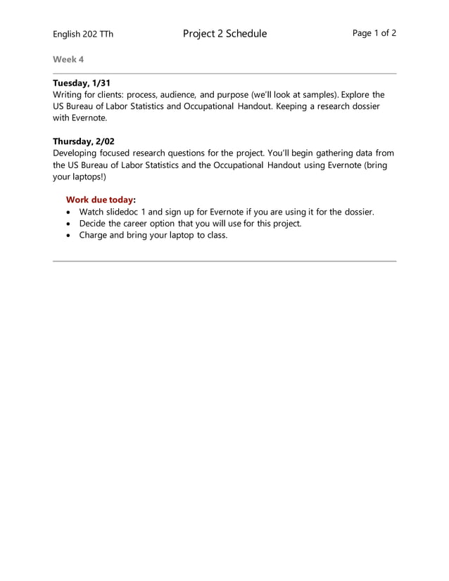 ENGL 202 Project 2 Schedule (SP17) | DOCX