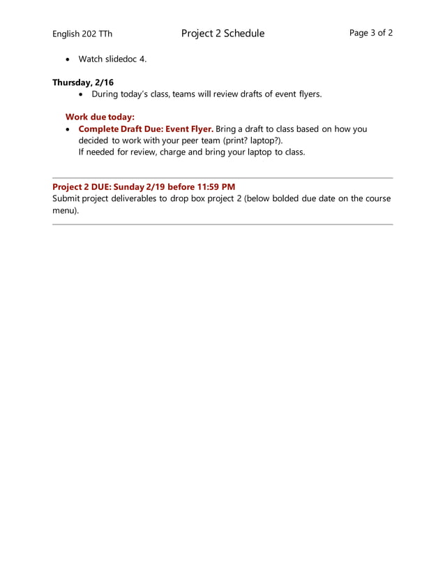 ENGL 202 Project 2 Schedule (SP17) | DOCX
