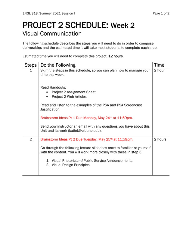 Project2 schedule steps_engl313_summer2021 | PDF | Education