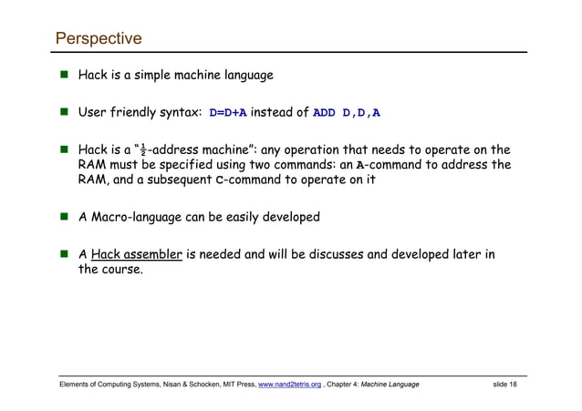nand2tetris 舊版投影片 -- 第四章 機器語言 | PDF | Operating Systems | Computer Software and Applications