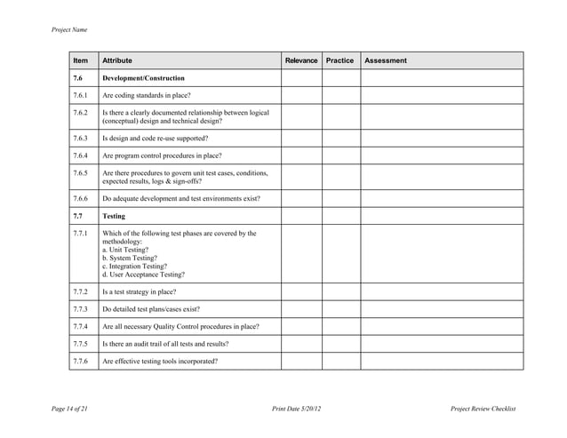 Project audit & review checklist