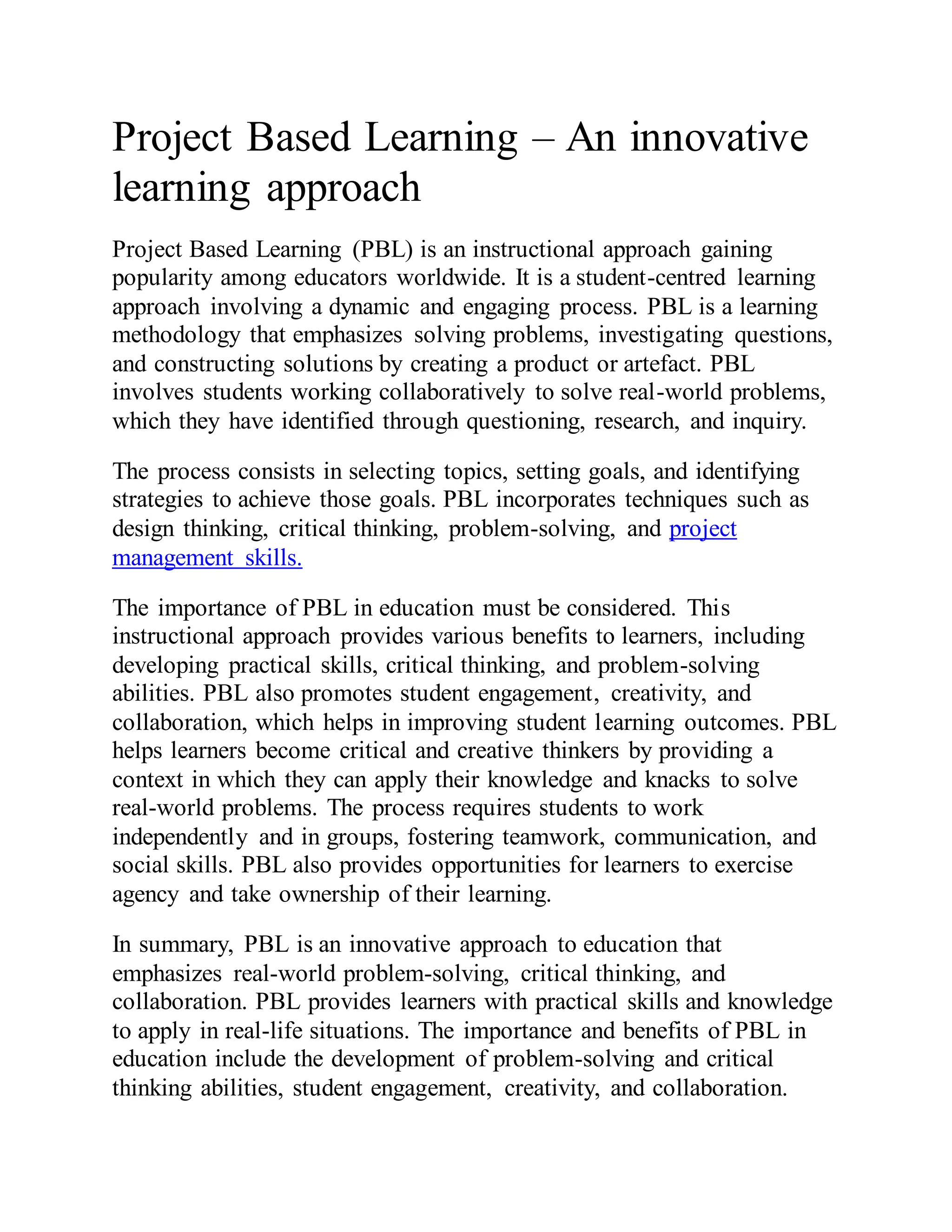 Project Based Learning – An innovative learning approach | PDF