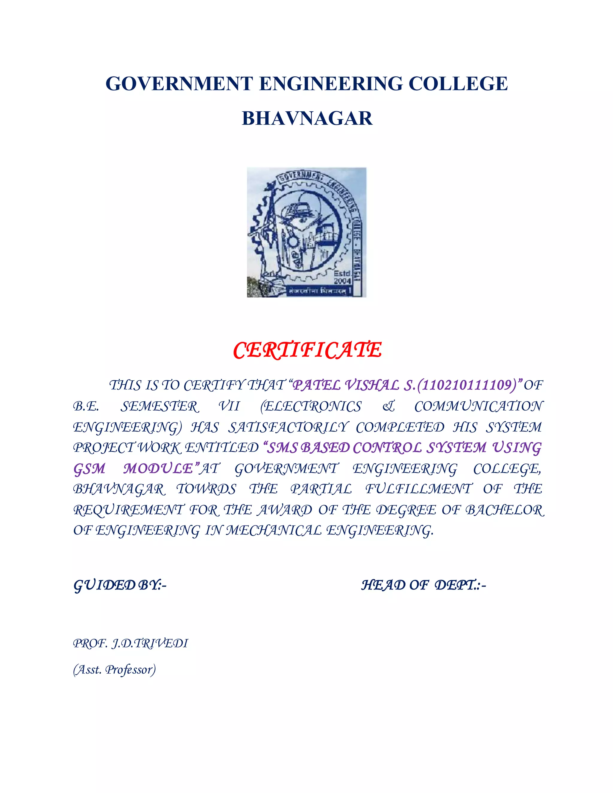 Project certificate vishal | DOCX