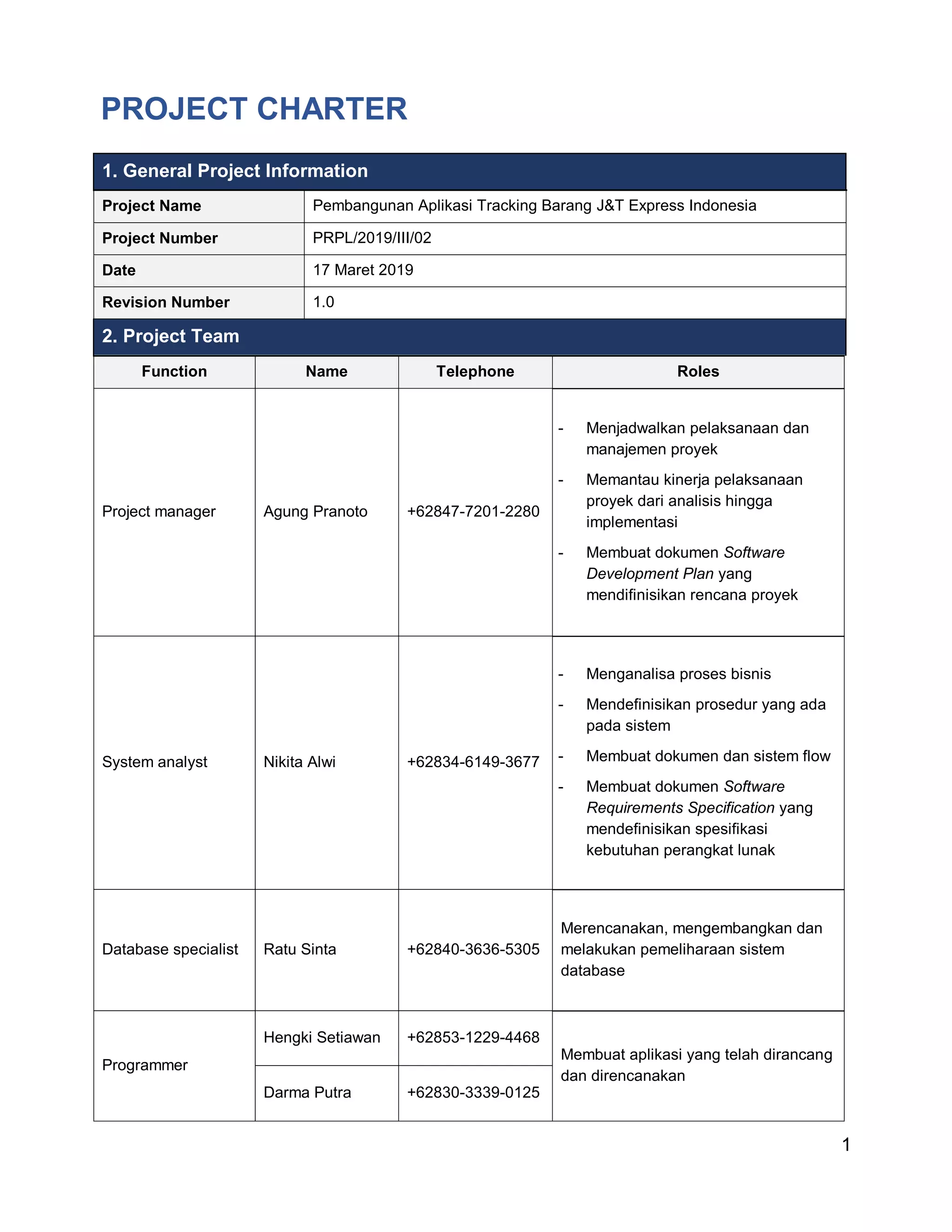 Project Charter Aplikasi Tracking Barang | PDF