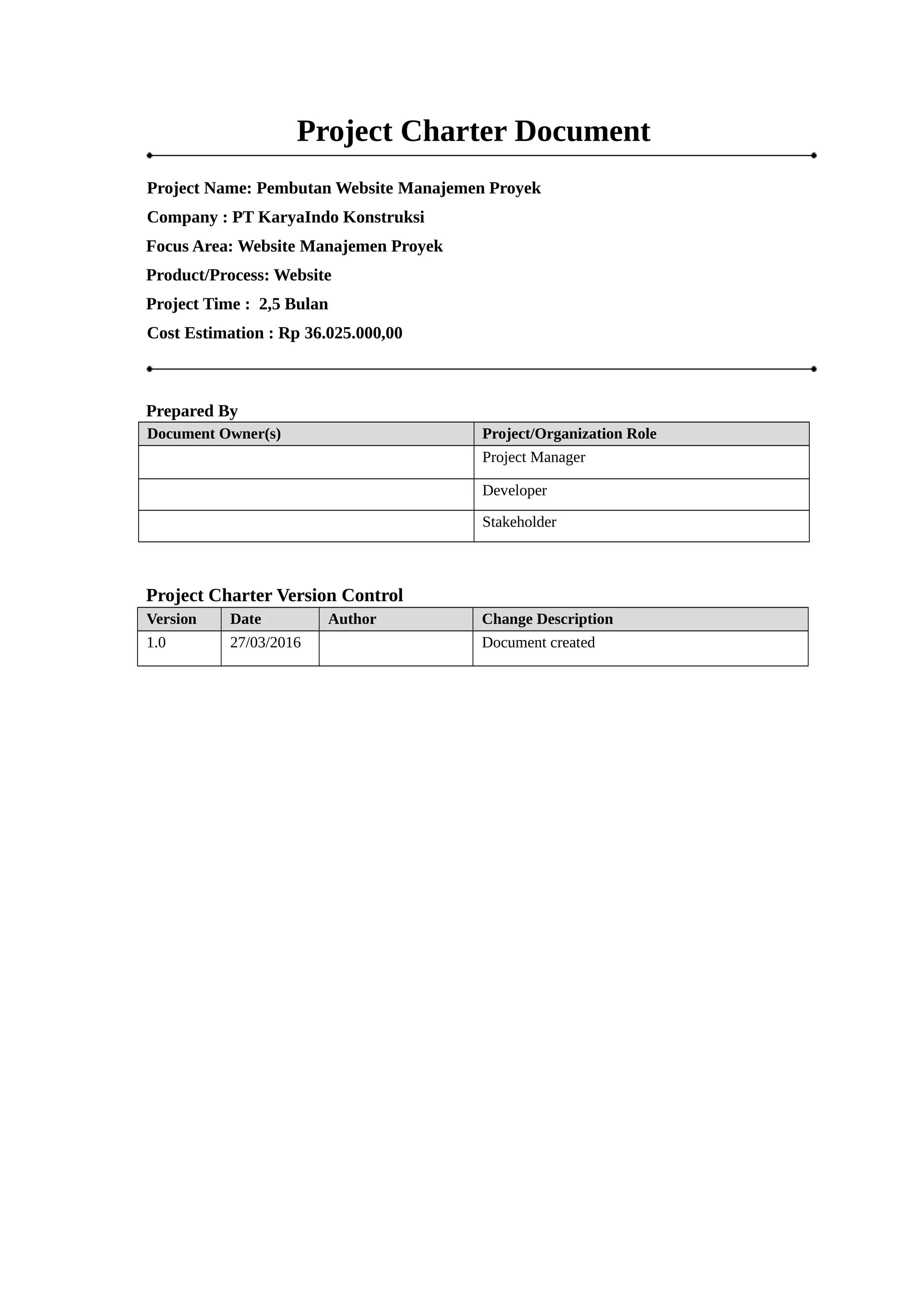 Project charter pt karyaindo konstruksi | PDF