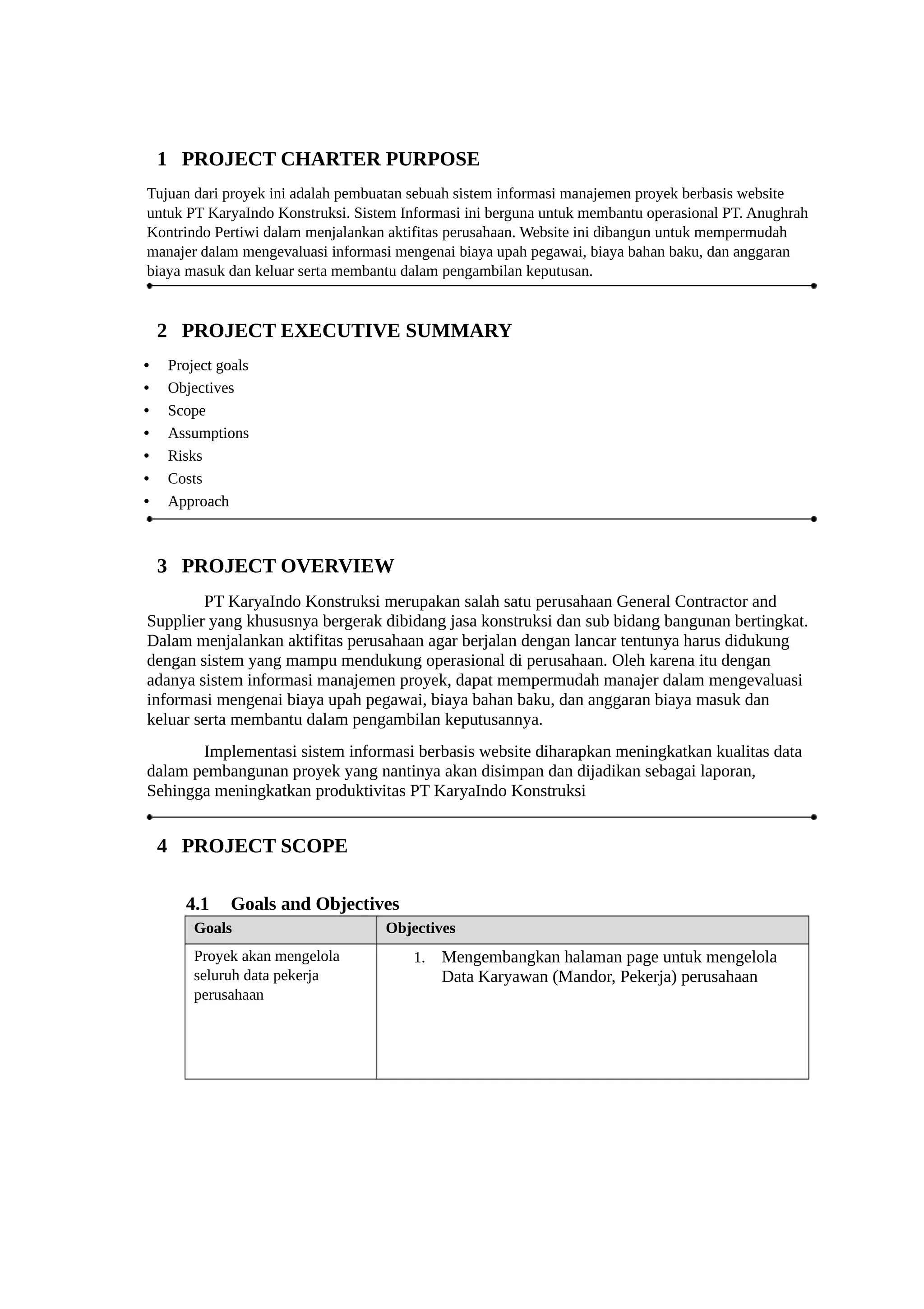 Project charter pt karyaindo konstruksi | PDF