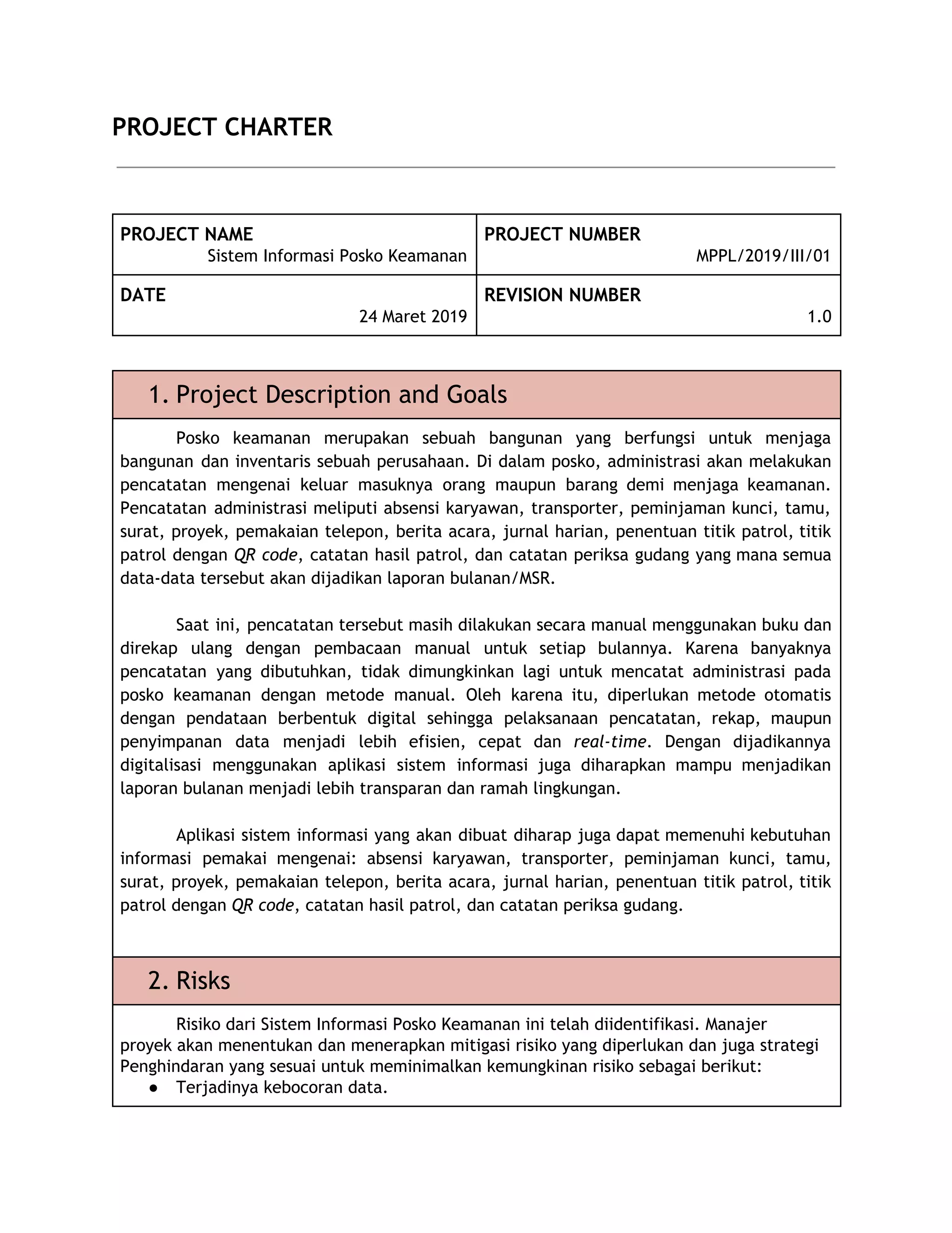 Project Charter Sistem Informasi Posko Keamanan | PDF