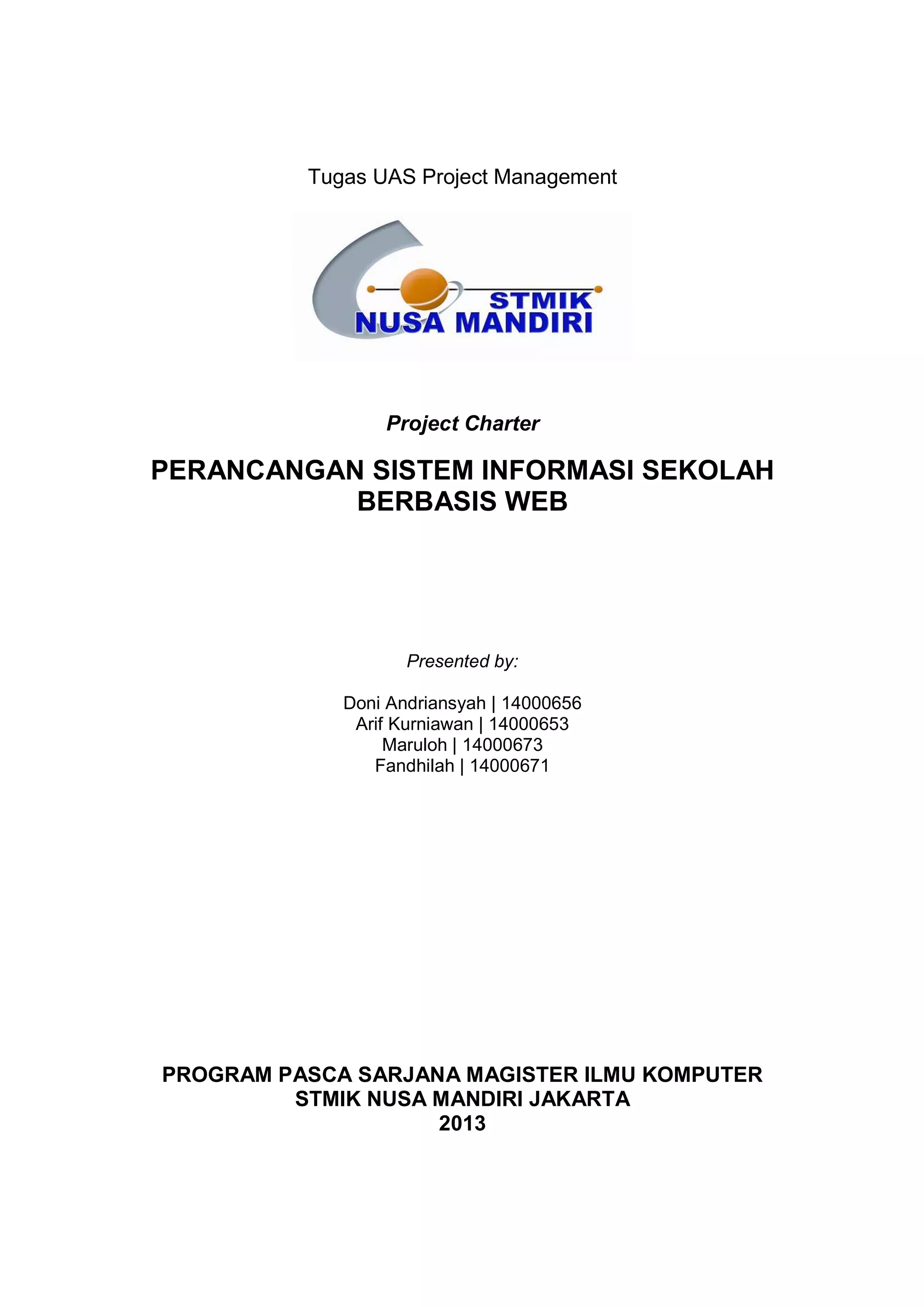 Project charter tugas uas project management | PDF
