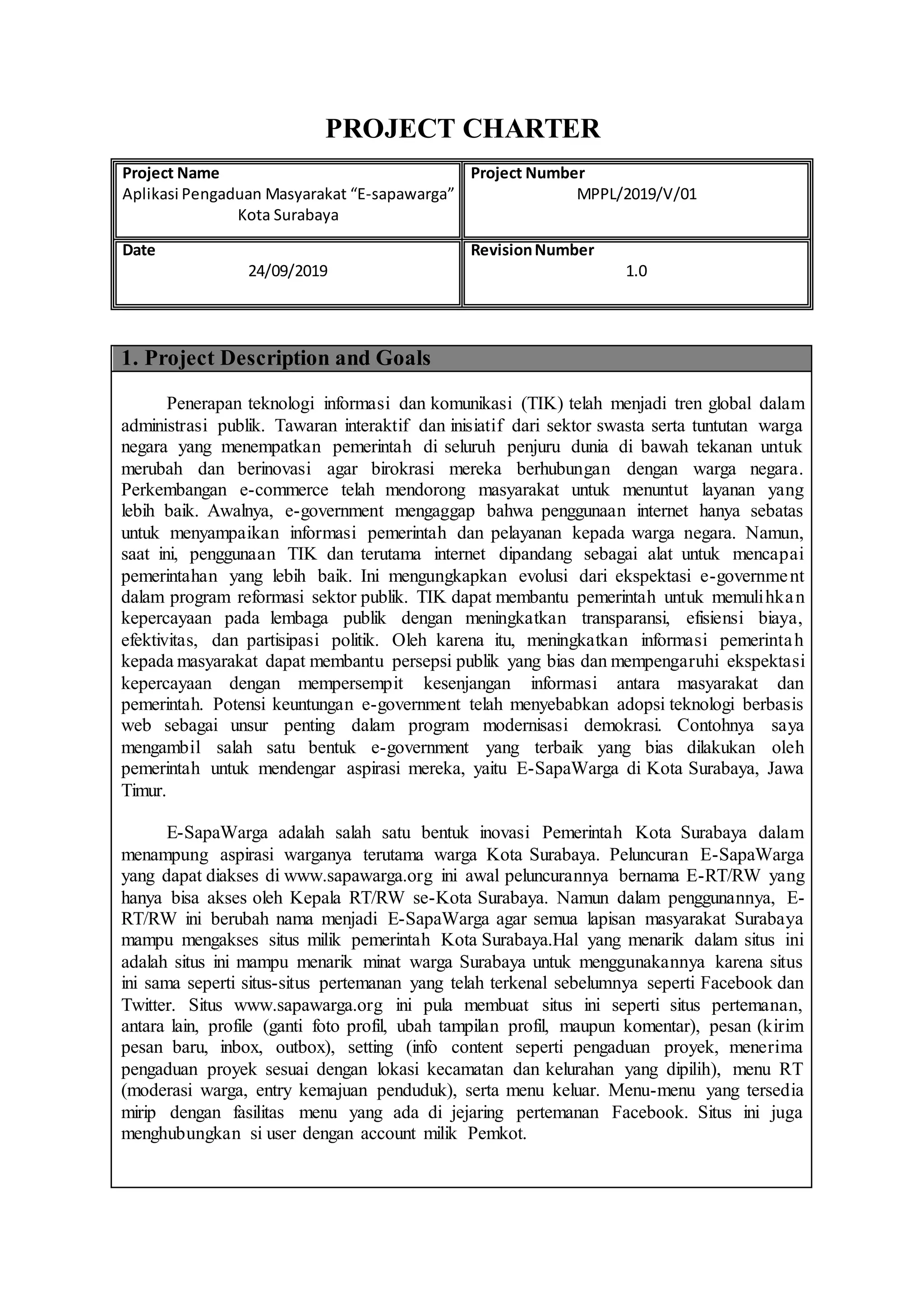 Project charter e sapawarga | PDF