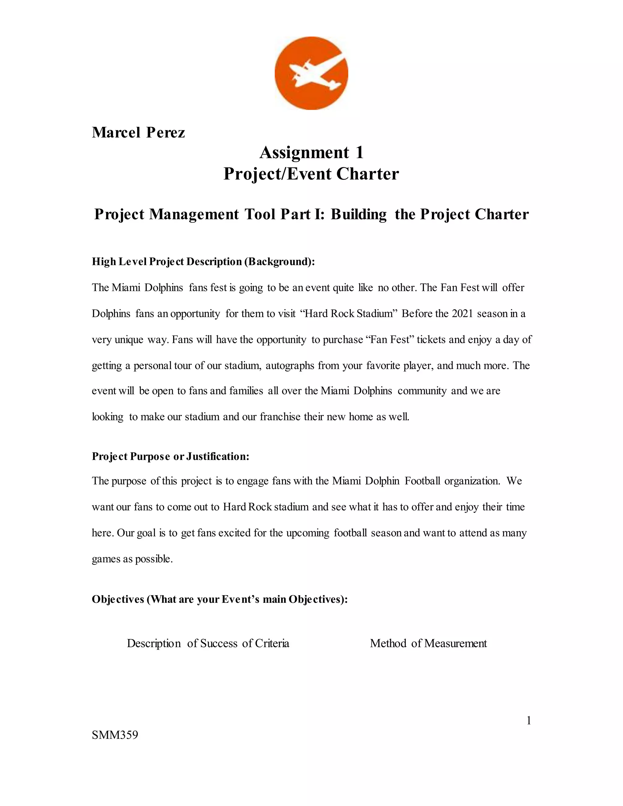 Miami Dolphins (DEMO Project Charter) | DOCX