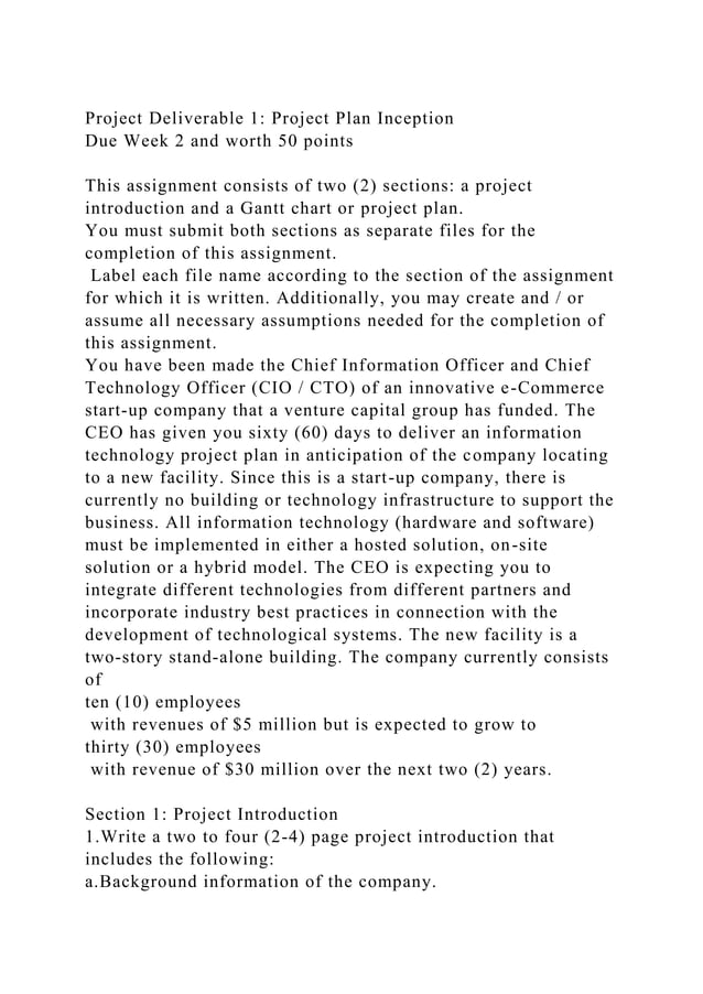 Project Deliverable 1 Project Plan InceptionDue Week 2 and worth .docx