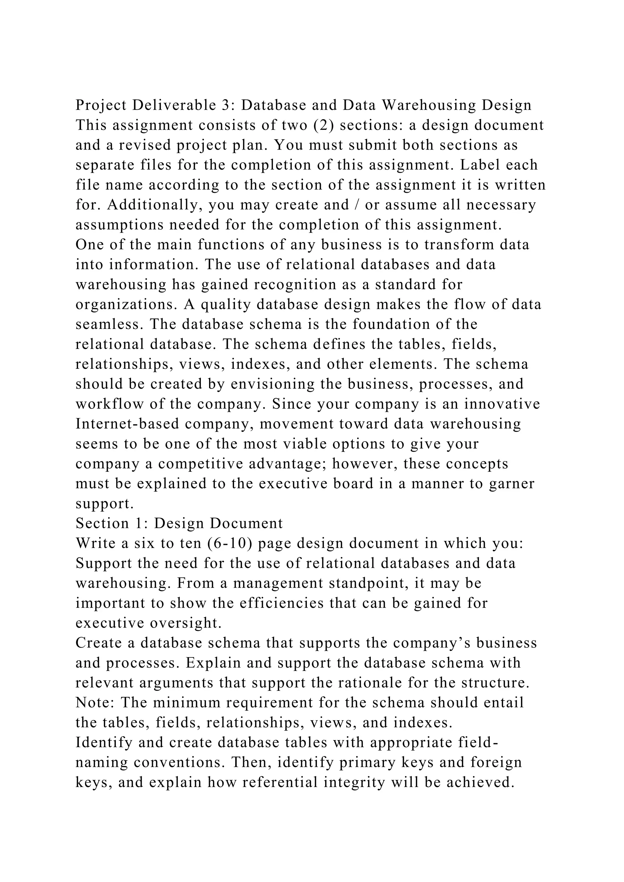 Project Deliverable 3 Database and Data Warehousing DesignThis as.docx | Databases | Computer ...