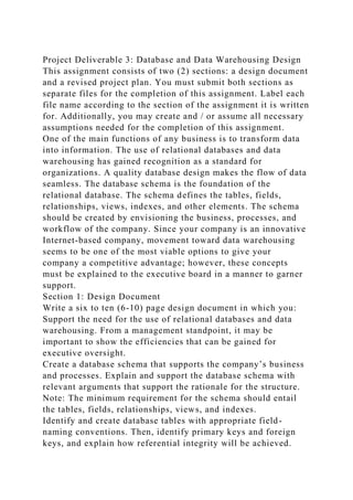 Project Deliverable 3 Database and Data Warehousing DesignThis as.docx