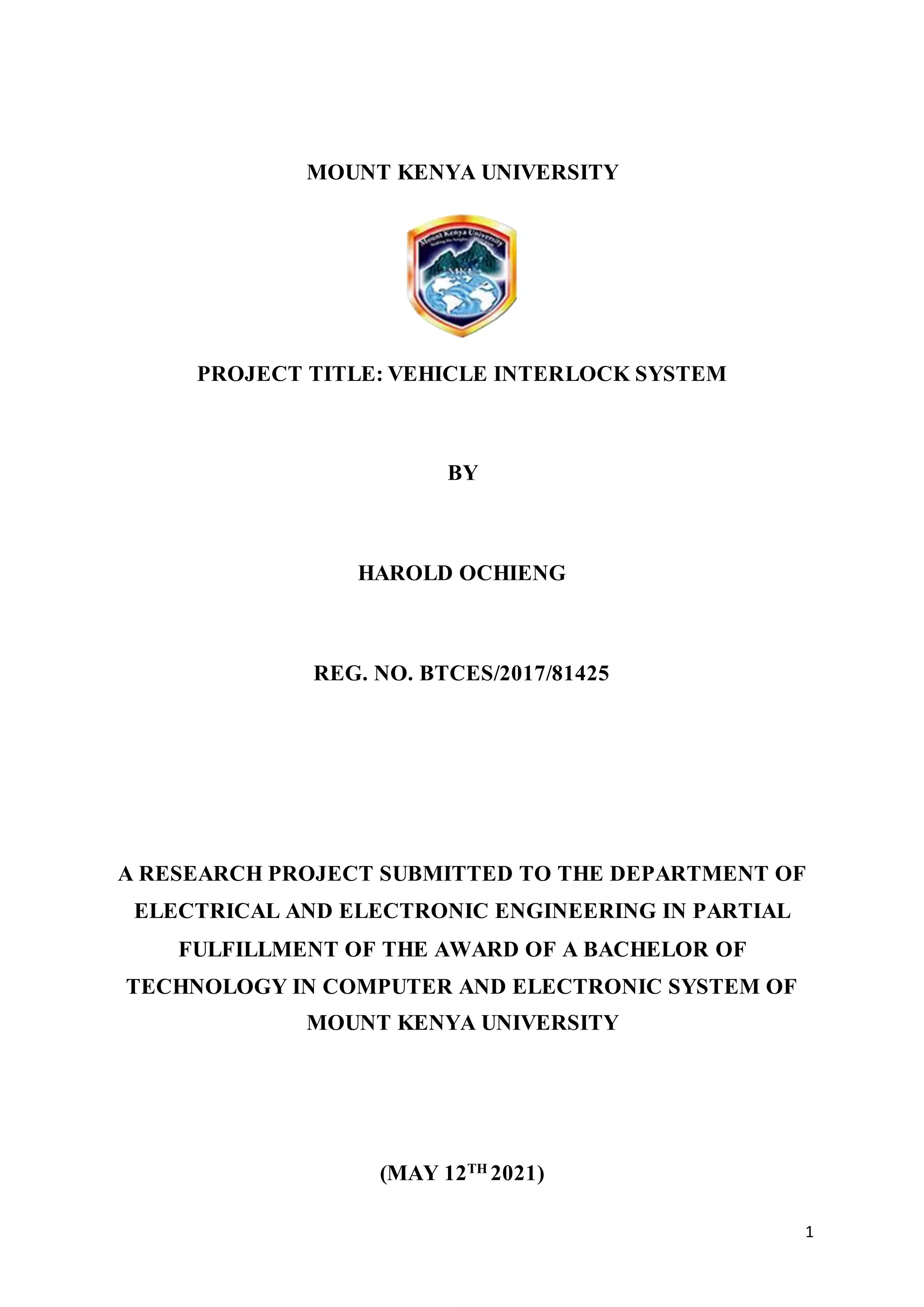Vehicle Interlock System Project | PDF