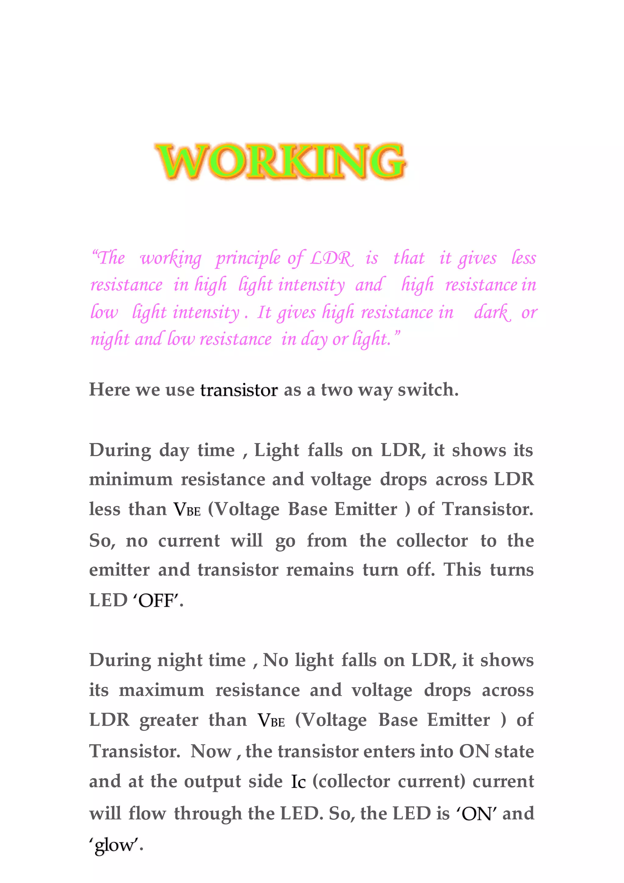 Automatic street light using LDR and Transistor | DOCX
