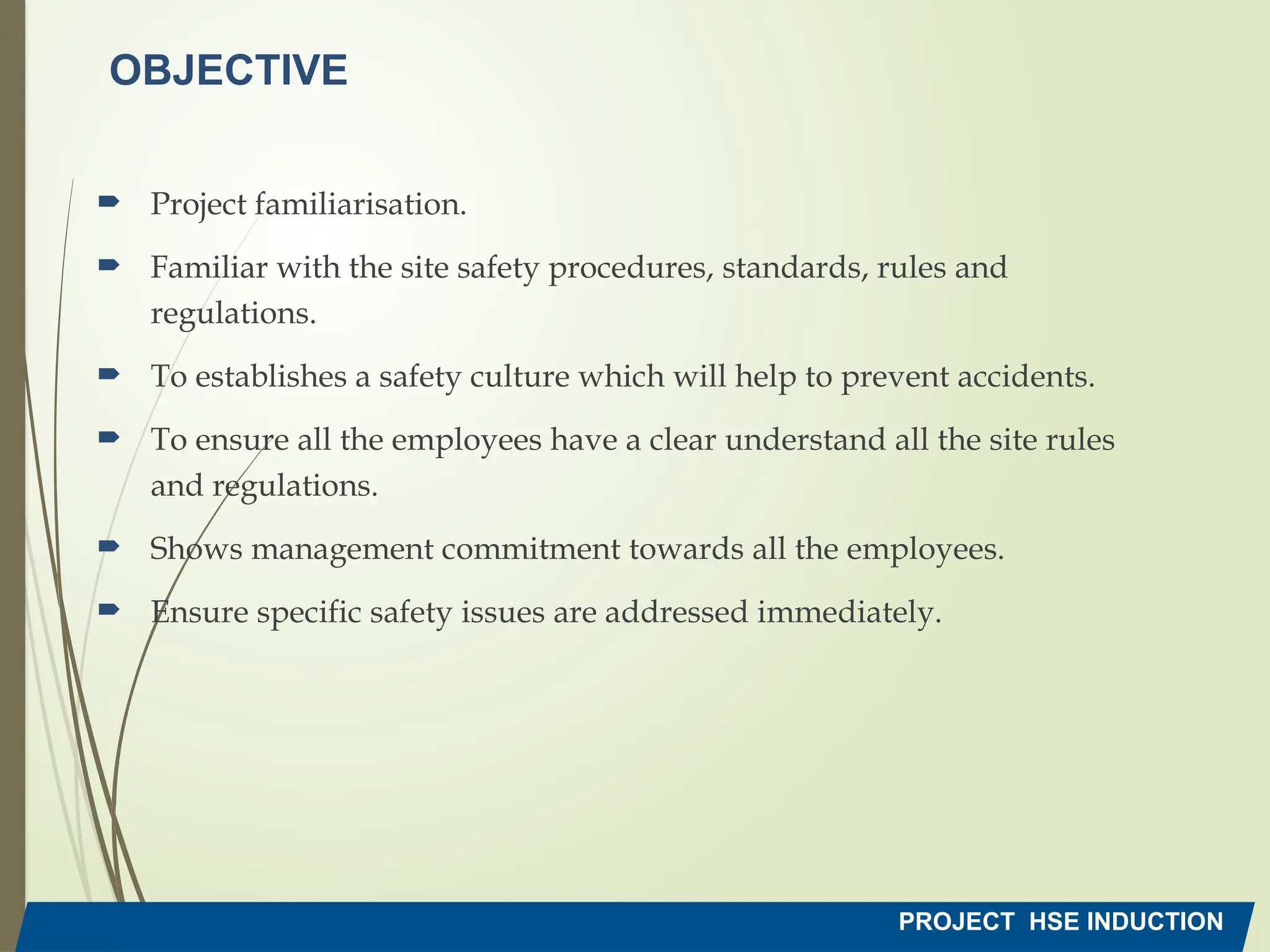 Project HSE Induction.Project familiarization.(Familiar with the site ...