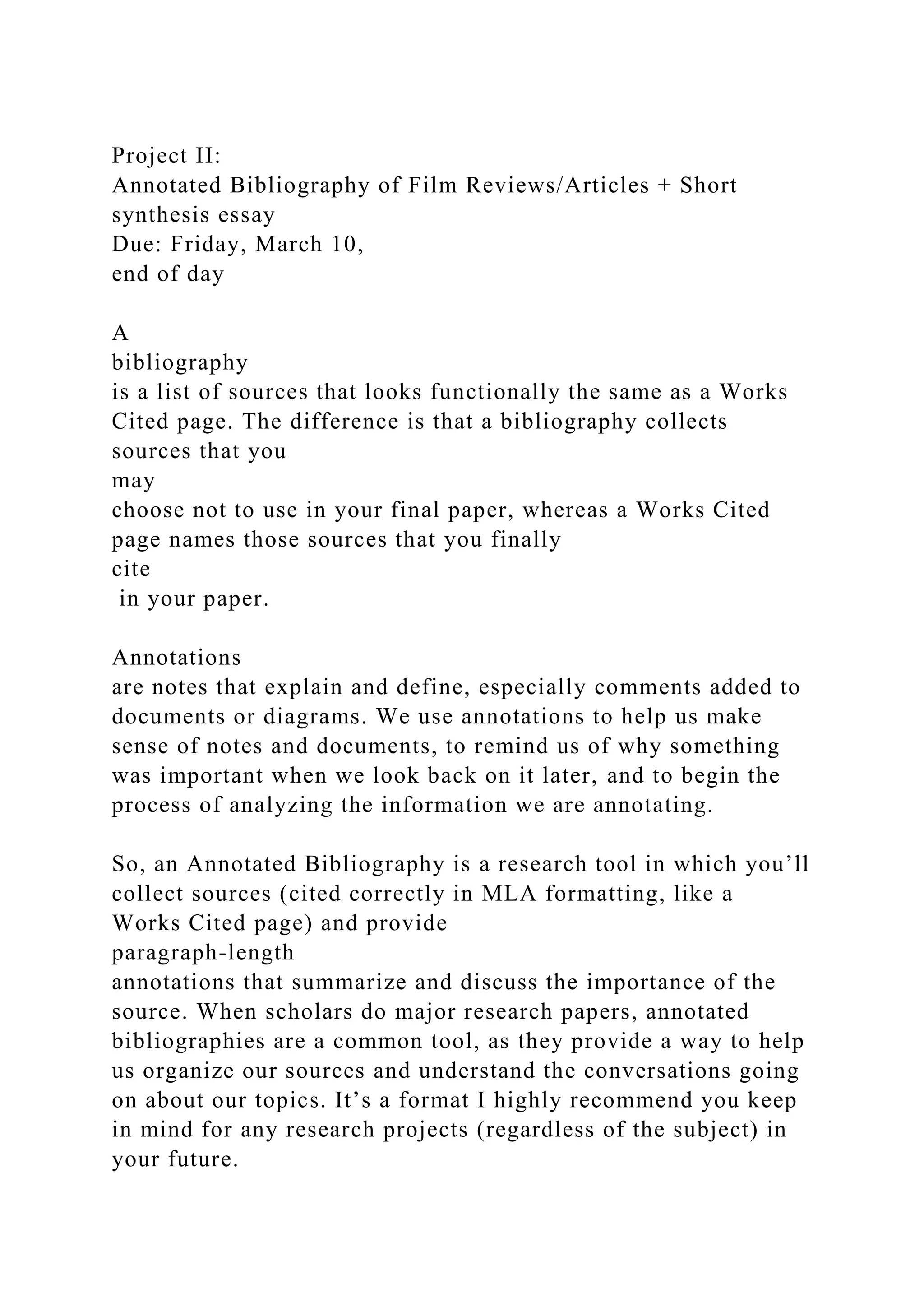 Project II Annotated Bibliography of Film ReviewsArticles + Shor.docx