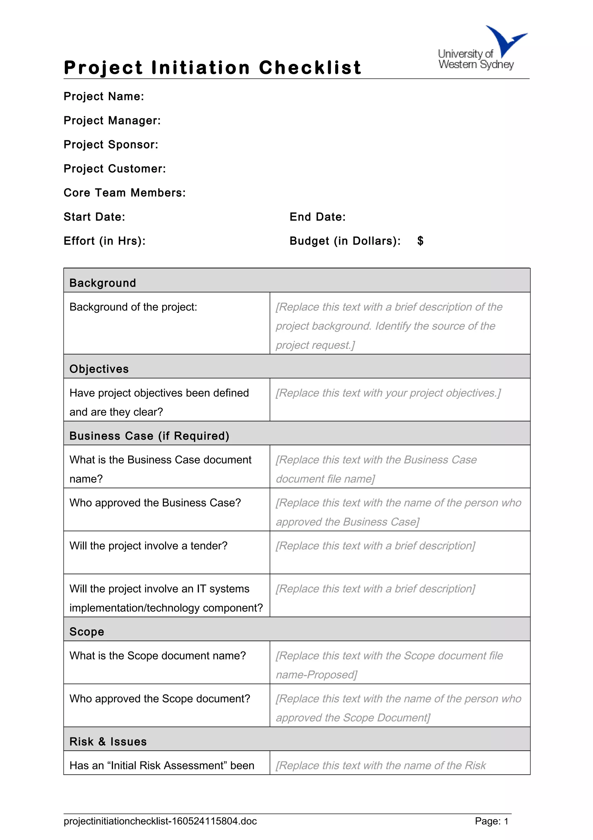 Project initiation checklist | DOC
