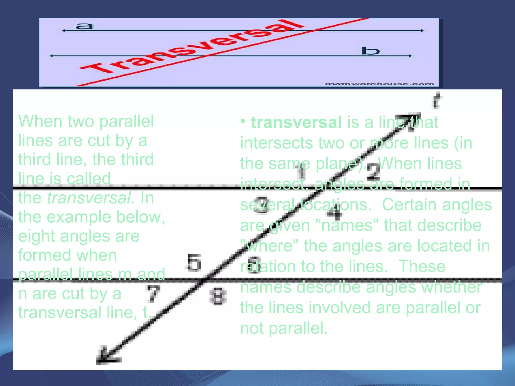 angles of parallel line cut by a transversal line | PPT