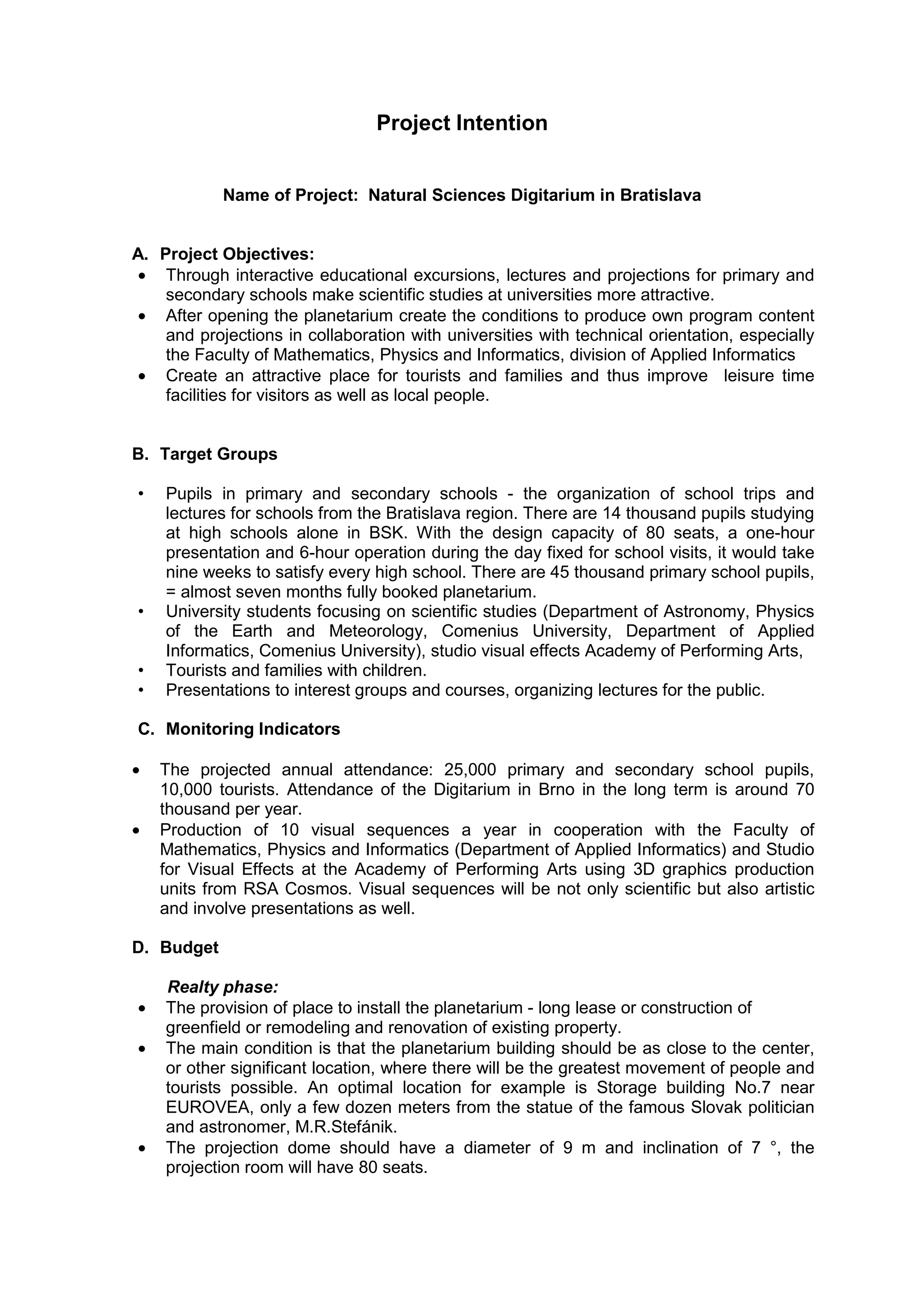 Project intention Digitarium Bratislava | PDF