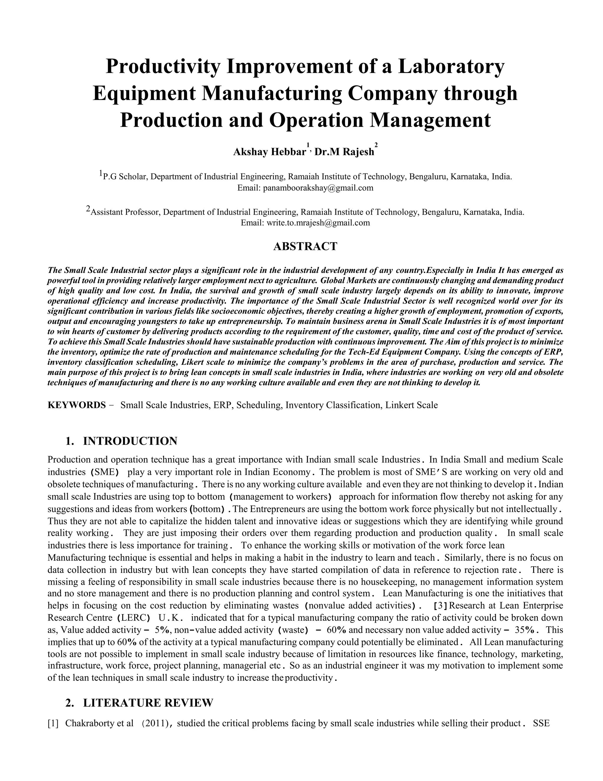 Productivity Improvement of a Laboratory Equipment Manufacturing Company through Production and ...