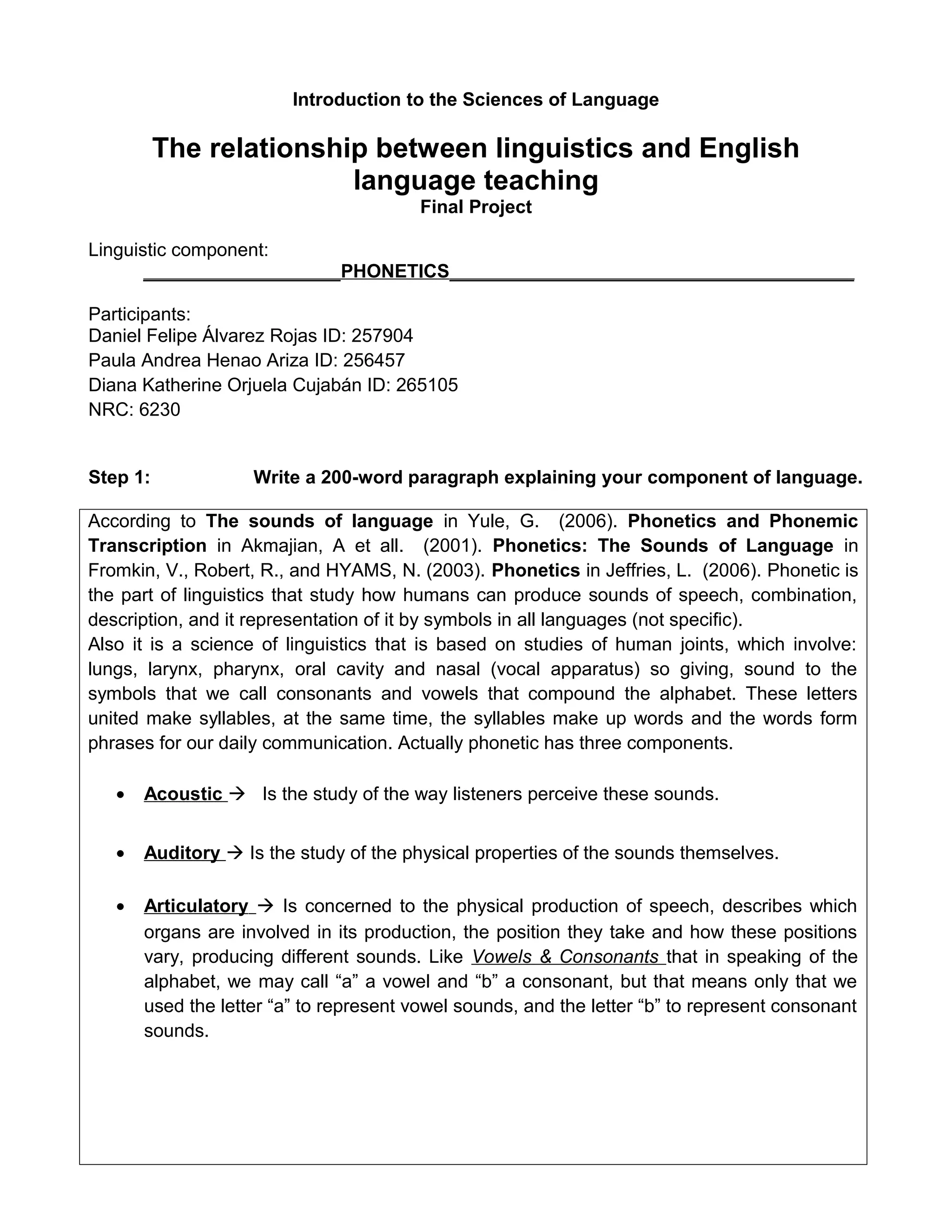 Project linguistics - Phonetic Component | DOC