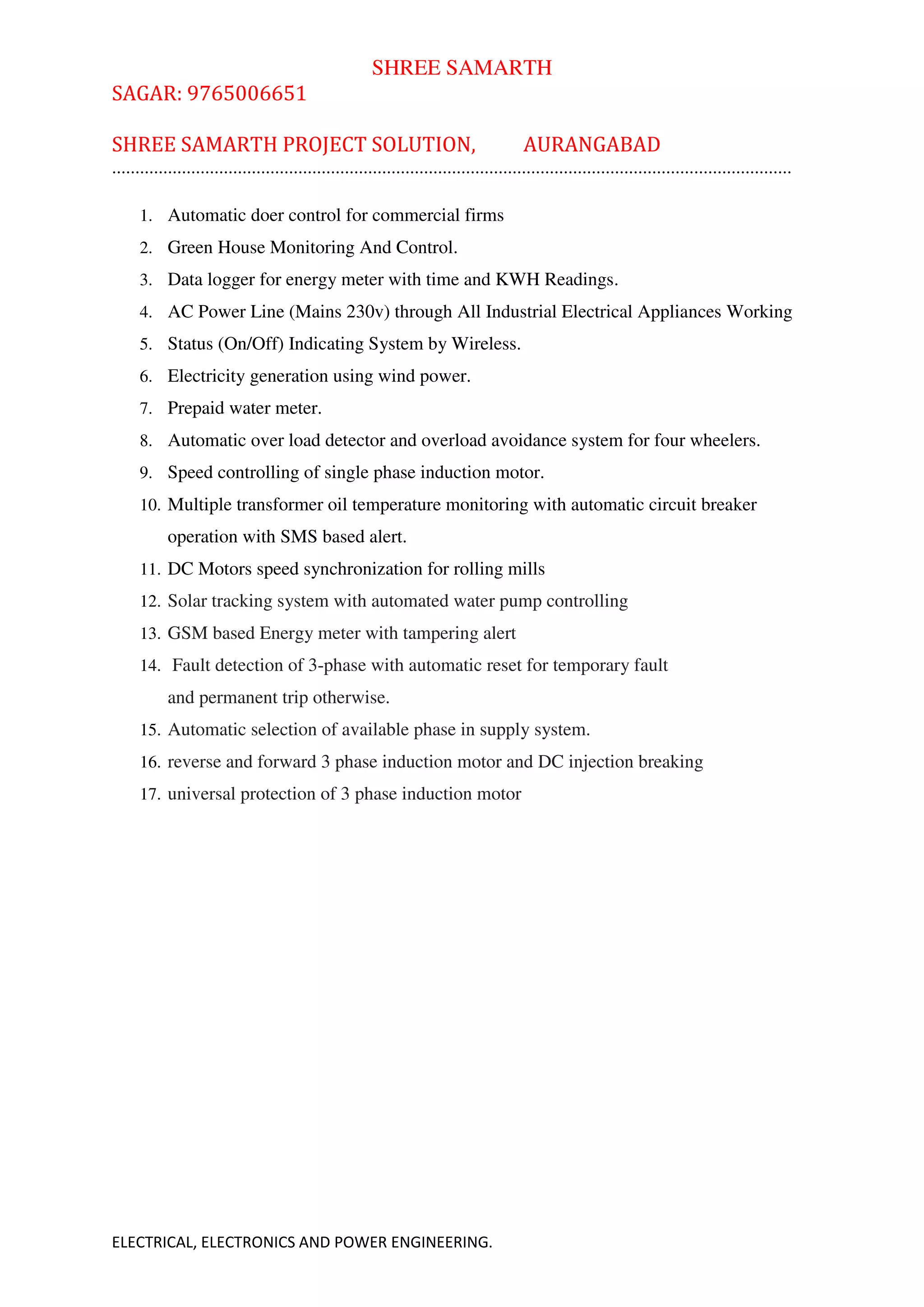 mechanical, electronics, electrical engineering Project list for B.E./M ...