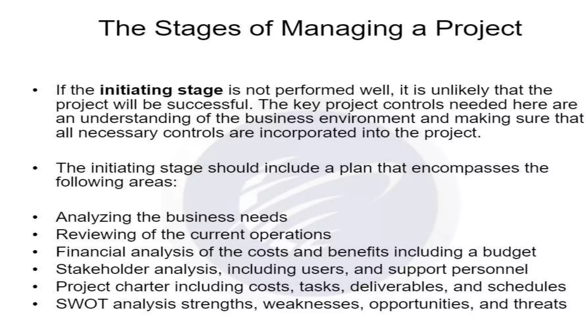 Project management, stages in project management, explanation, poor ...