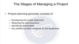 Project management, stages in project management, explanation, poor ...