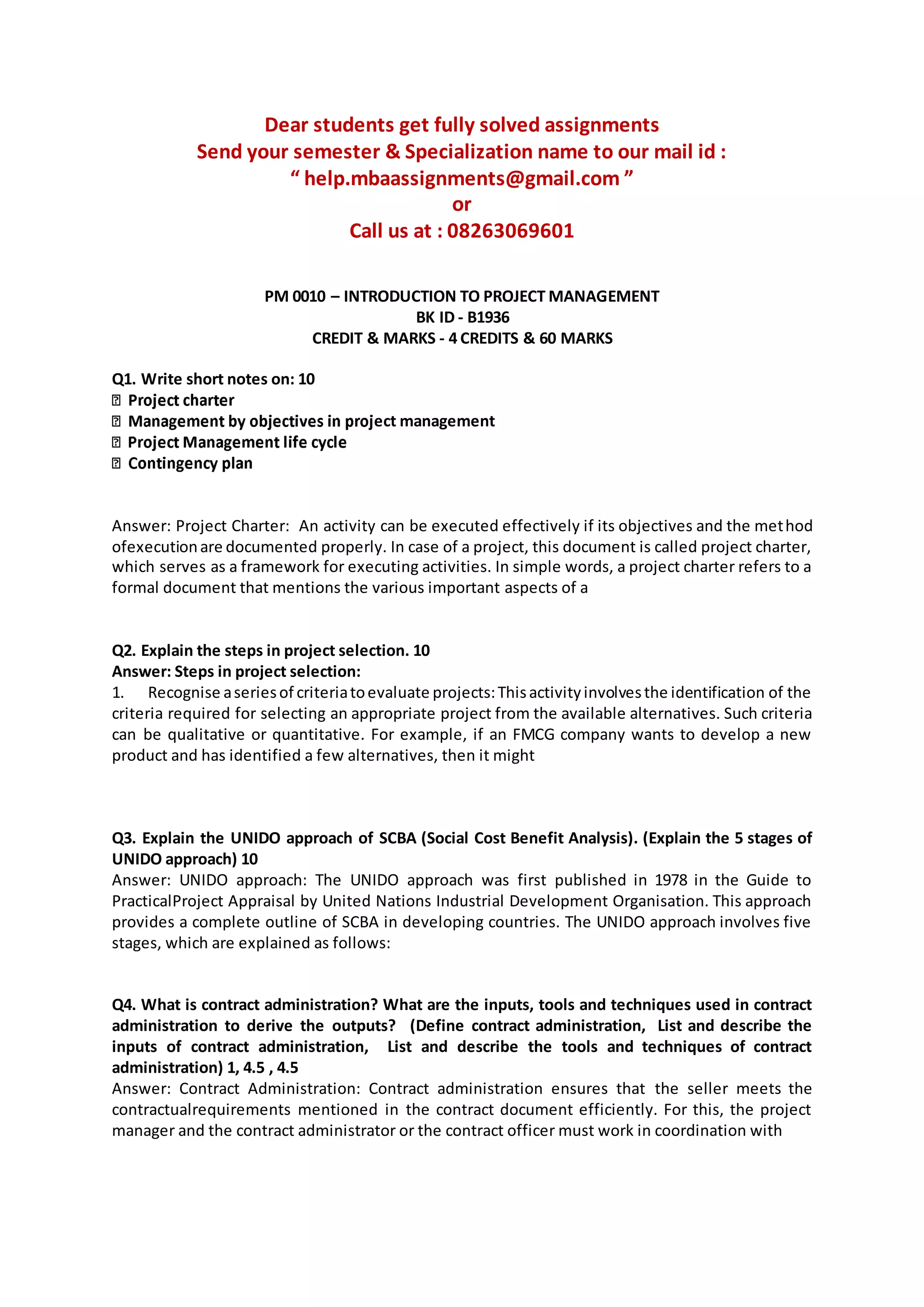 Project management 3rd sem - smu mba solved assignments | PDF