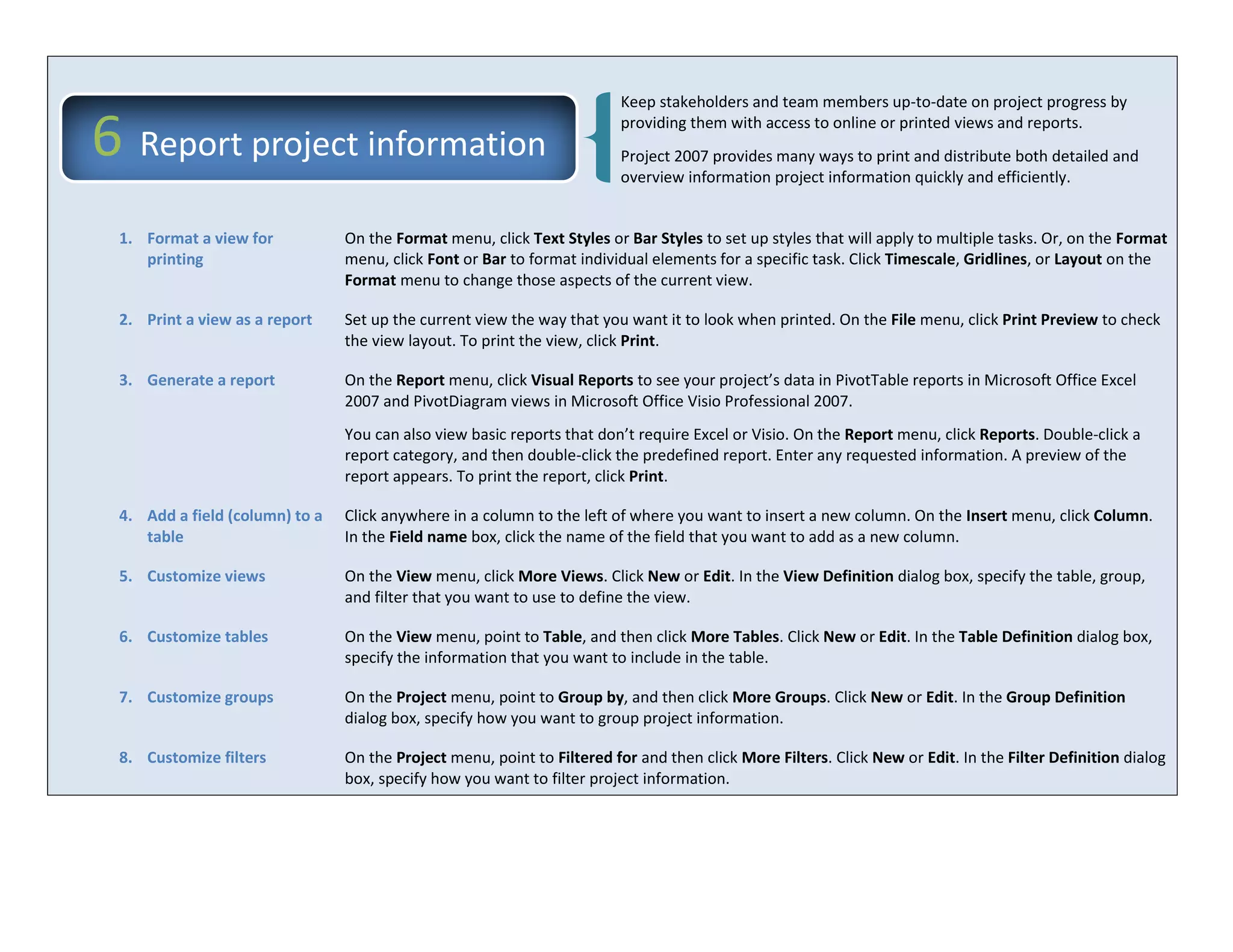 Project Management Quick Reference Guide For Microsoft Project 2007 ...