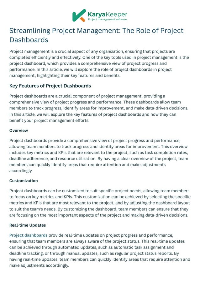 Project Management The Role Of Project Dashboards Pdf