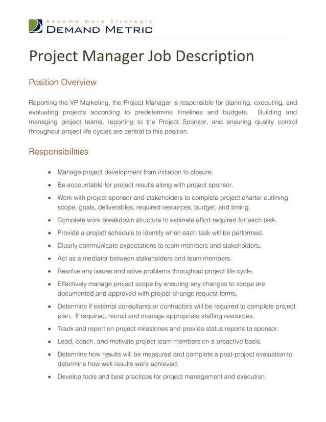 Project Manager Job Description | DOC | Civil Engineering Industry ...