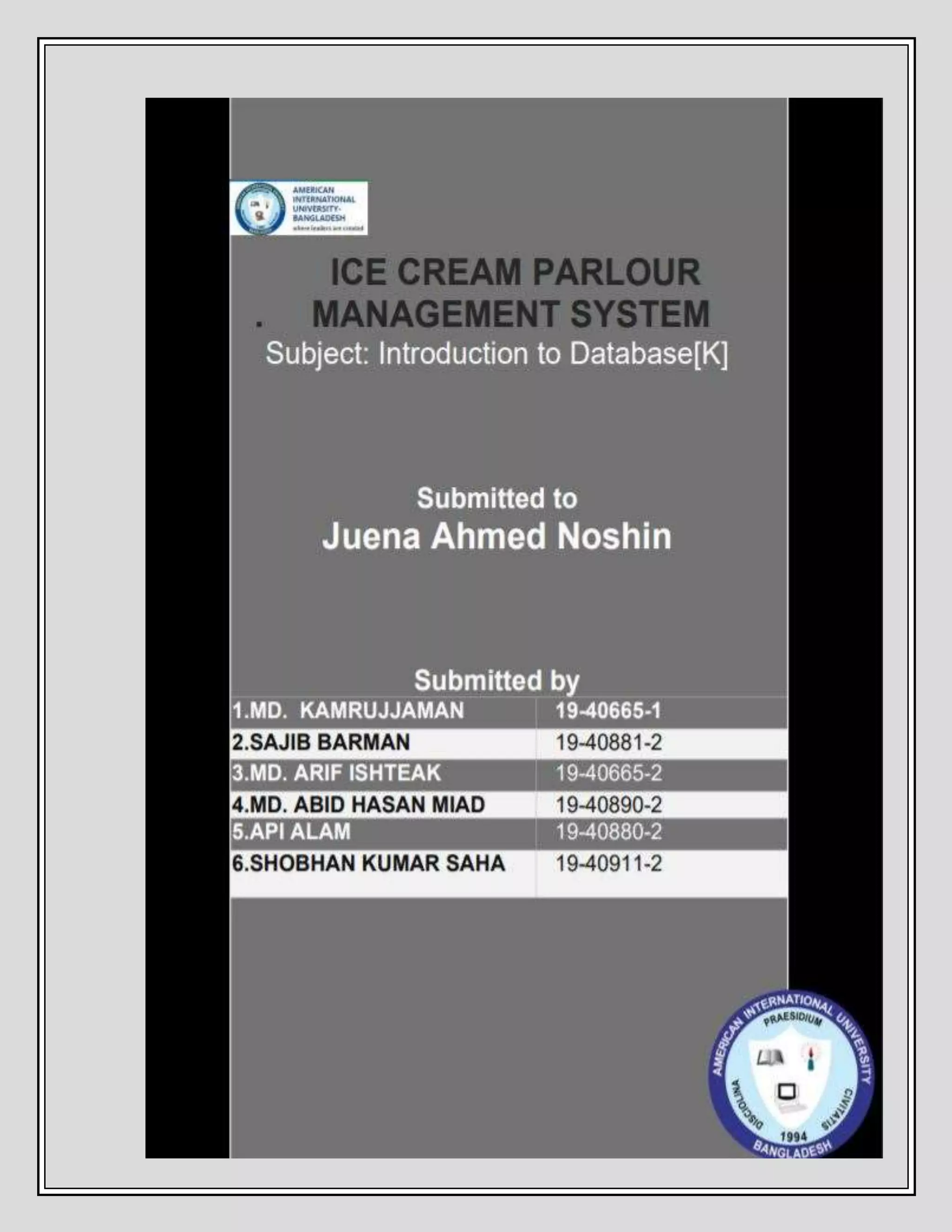 Project on ice cream parlour management system | DOCX