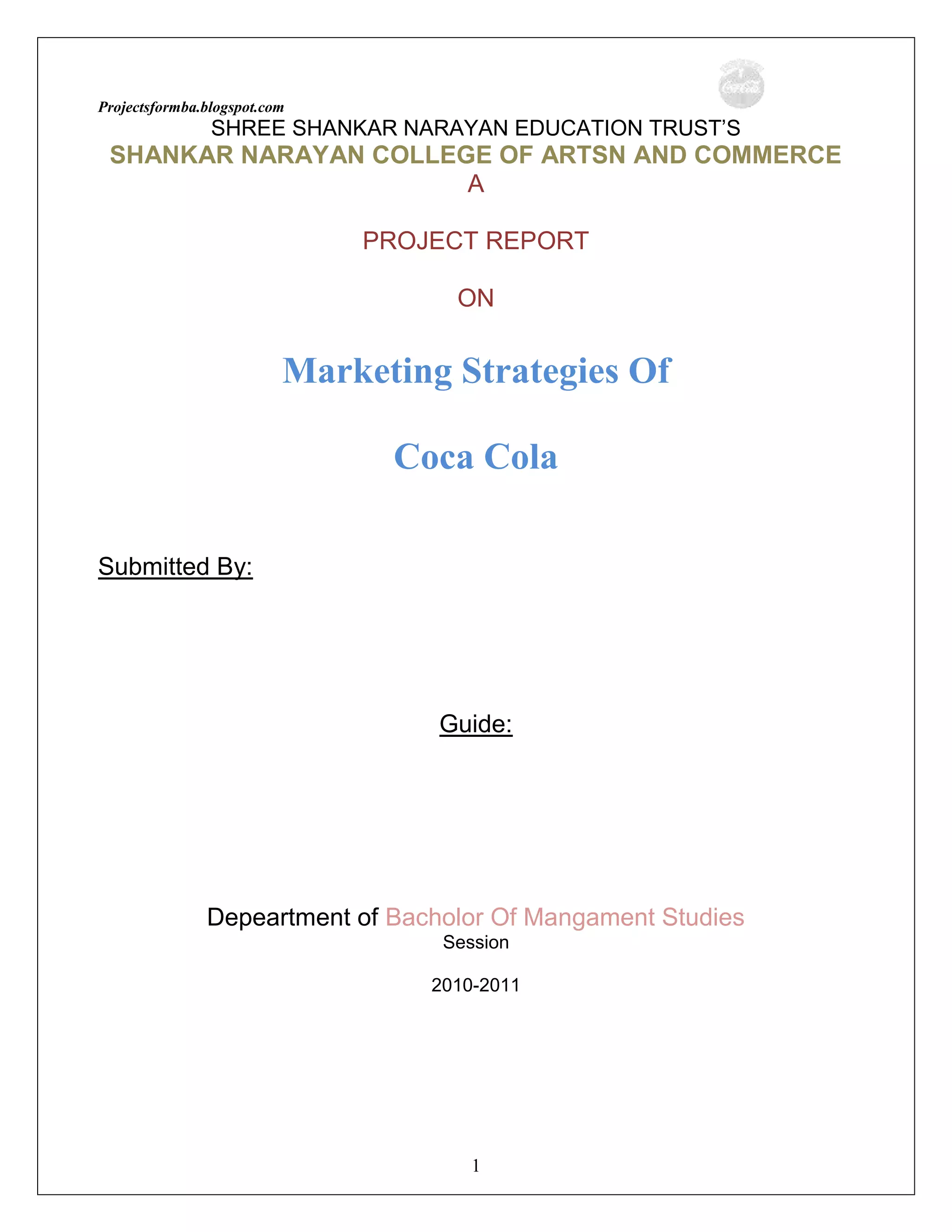 Project on marketing strategies of coca cola | DOCX
