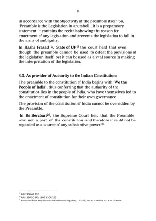 Role of preamble in the interpretation of constitution | PDF