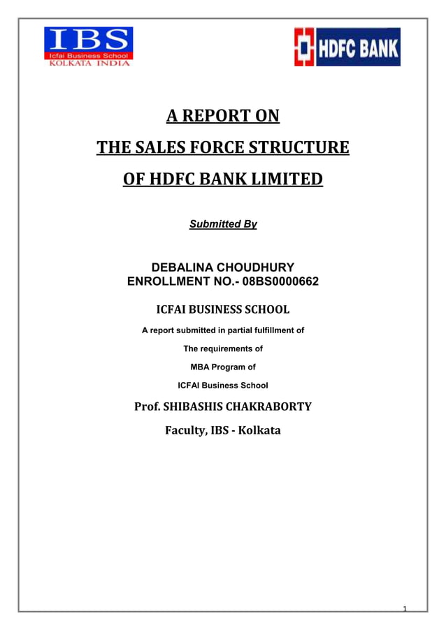 Project On Sales Force Structure Of Hdfc Bank Ltd | DOCX