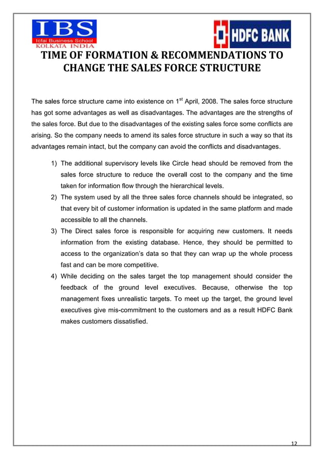 Project On Sales Force Structure Of Hdfc Bank Ltd | DOCX