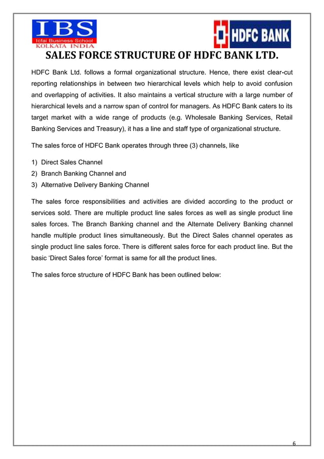 Project On Sales Force Structure Of Hdfc Bank Ltd | DOCX