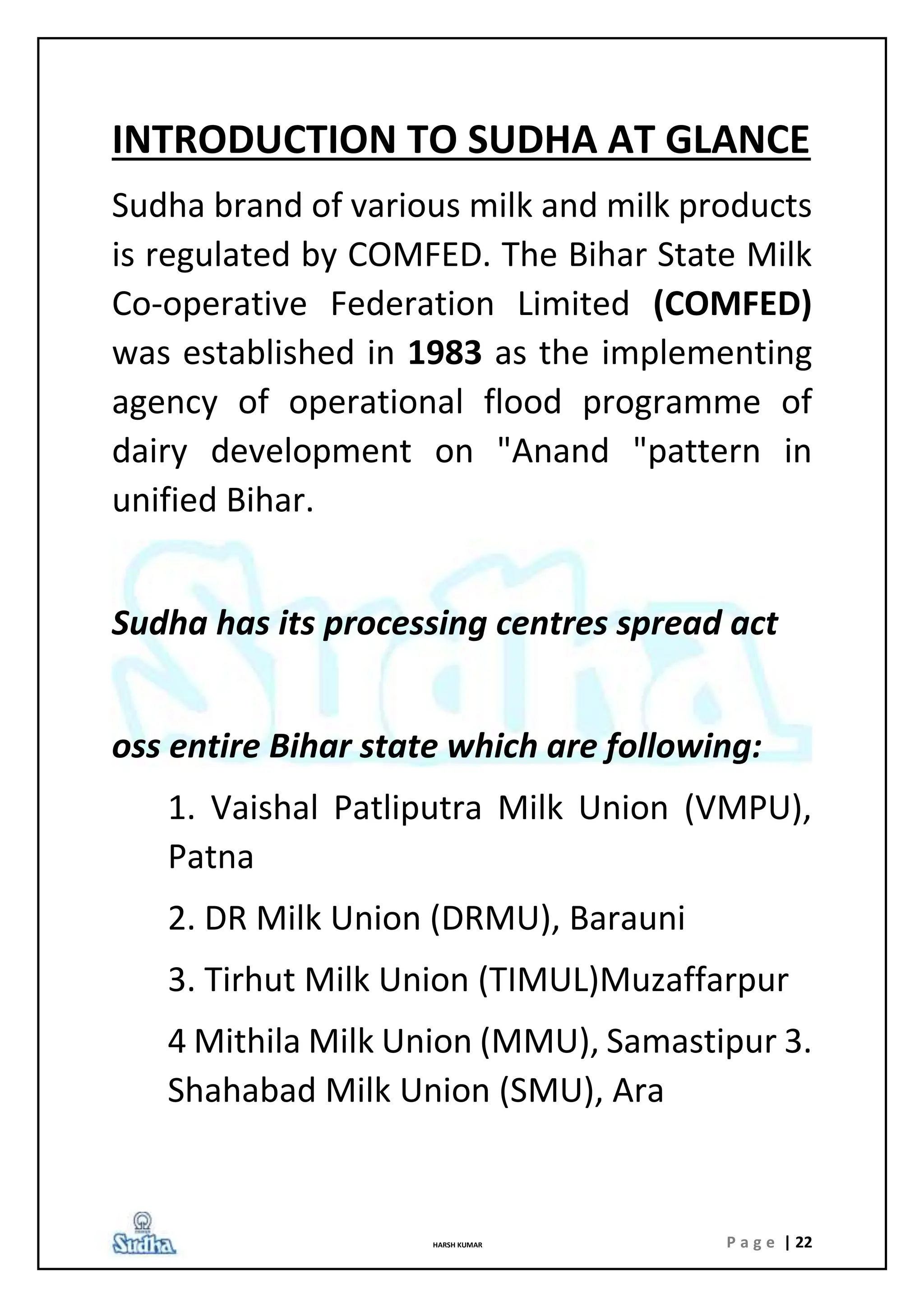 Bhagalpur Sudha Dairy Project, Project on Sudha Dairy Bhagalpur, Sudha Dairy Bhagalpur ...
