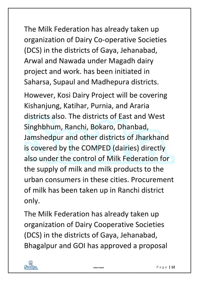 Bhagalpur Sudha Dairy Project, Project on Sudha Dairy Bhagalpur, Sudha Dairy Bhagalpur ...