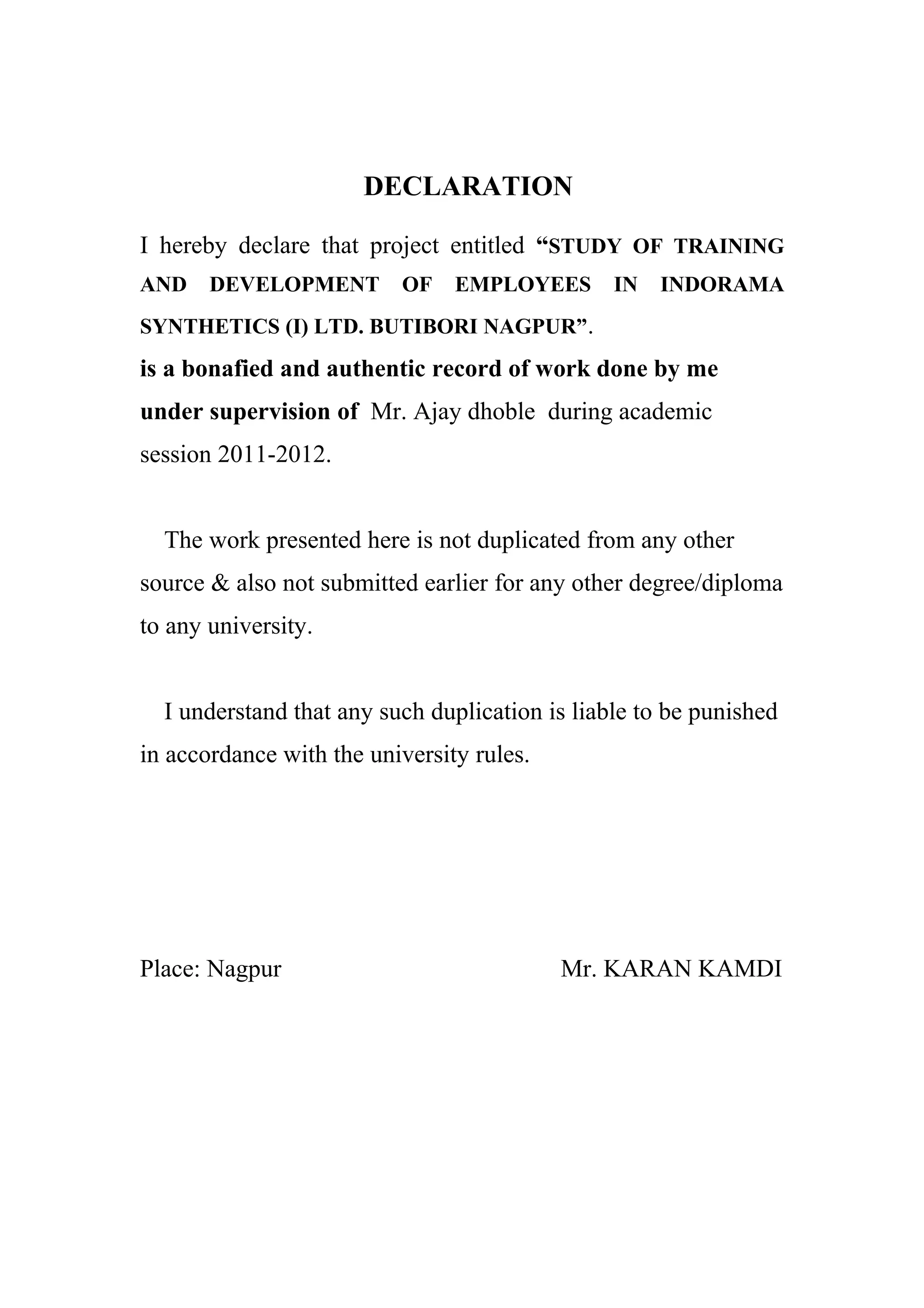 Project on training and development by karan k kamdi (2) | DOC