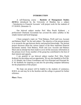 Project on trial balance, p & l account, balance sheet. | DOC