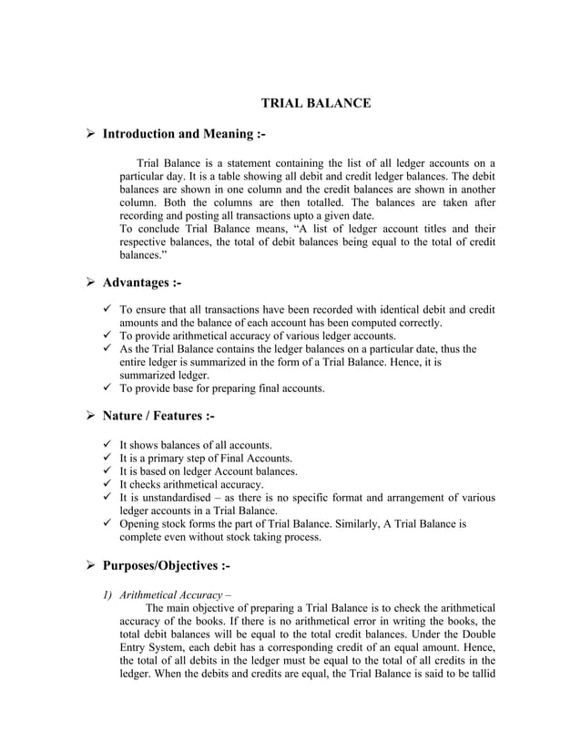 Project on trial balance, p & l account, balance sheet. | DOC