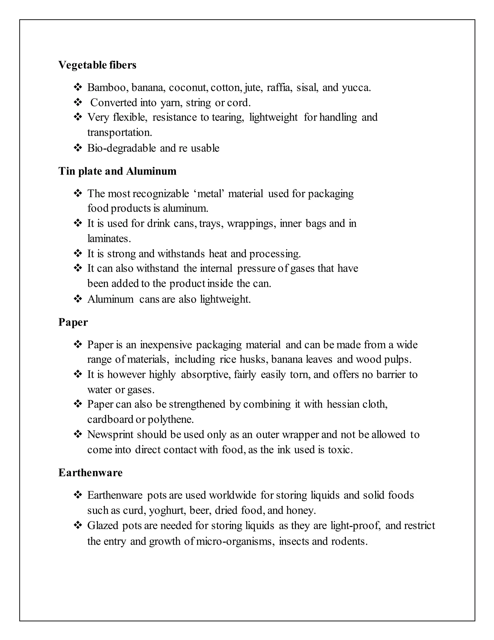Various materials used for packaging & their withstandability | DOCX